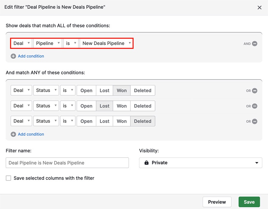 Filtering for my won, lost, or deleted deals - Knowledge Base | Pipedrive